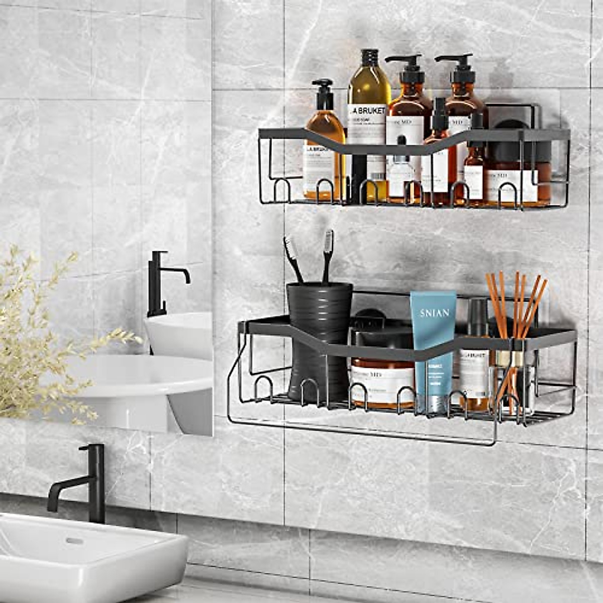 Shower Caddy Shelves, Adhesive Shower Organizer,Rustproof Stainless Steel Shower Shelf for Inside Shower, No Drilling Rustproof Bathroom Shower Caddy Basket Shelf with Soap Holder and 4 Hooks (Black)