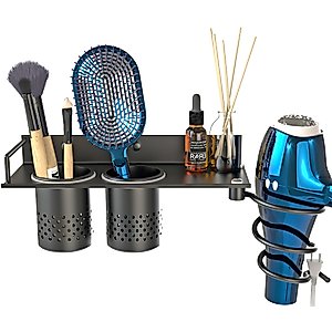 MyLifeUNIT Hair Dryer Holder, Hair Tool Organizer Wall Mounted with 2 Cups, Bathroom Blow Dryer Holder Shelf, Hair Styling Tools Organizer