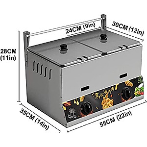 Commercial Gas Deep Fat Fryer Twin Tank, 22L Tabletop Stainless Steel Chip Fryer with Lid, Manual Adjustment Temperature, for Catering Takeaway Restaurant Café Coffee Shop