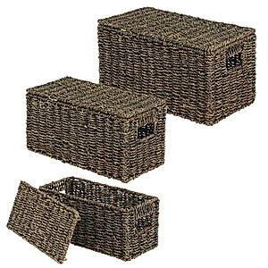mDesign Natural Woven Seagrass Closet Storage Organizer Basket Bin with Removeable Lids to use in Closet, Bedroom, Bathroom, Entryway, Office - Set of 3 - Black Wash Finish