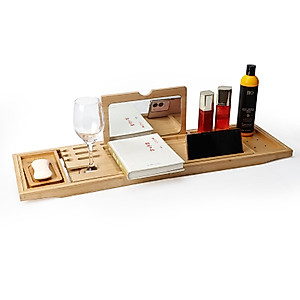 Bathtub Tray Table with Mirror and Bath Pillow, Expandable and Foldable Bamboo Bath Tray for Tub Soft and 4D Mesh Bathtub Pillow Luxury Bath Accessories Spa Gifts