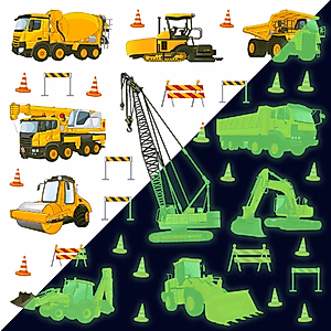 TOARTi Glow in The Dark Construction Wall Stickers, Transport Truck Excavator Tractor Decals,Luminous Vehicle Wall Decal for Kids Boys Room Nursery Decor(4 Sheets, 49 pcs)
