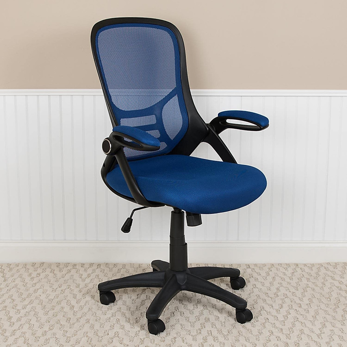 Flash Furniture Porter High Back Mesh Ergonomic Swivel Office Chair with Lumbar Support, Flip-Up Arms, Tilt Lock/Tilt Tension, Height Adjustable, Blue/Black Frame