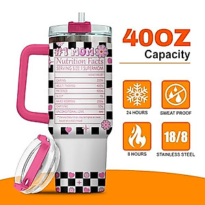 99WHALE Best Mom Ever Gifts, Mom Fashion Checked Nutrition Facts, Tumbler 40 Oz With Handle Lid And Straw, Steel Cups Green Parade Camelia Print Stainless Simple Red Rose Gold Water