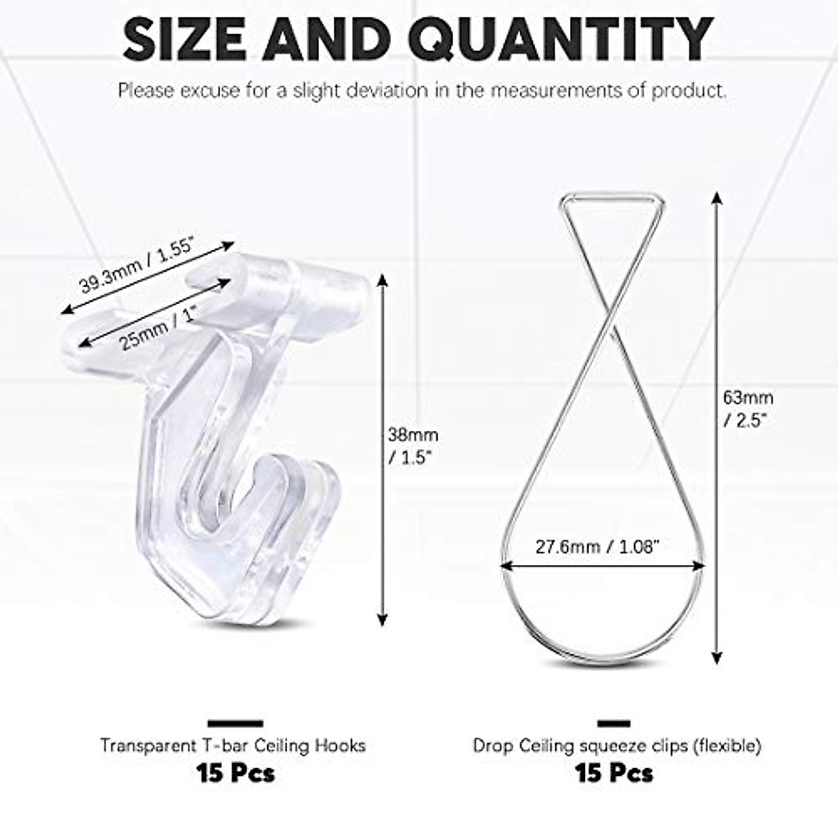 Hilitchi 30Pcs Ceiling Hooks Clips Kit Including 15Pcs Transparent Hinged Ceiling Hooks & 15Pcs T-bar Squeeze Clips Set for Hanging Decorations at Office, Classroom, Home, Mall, Special Events