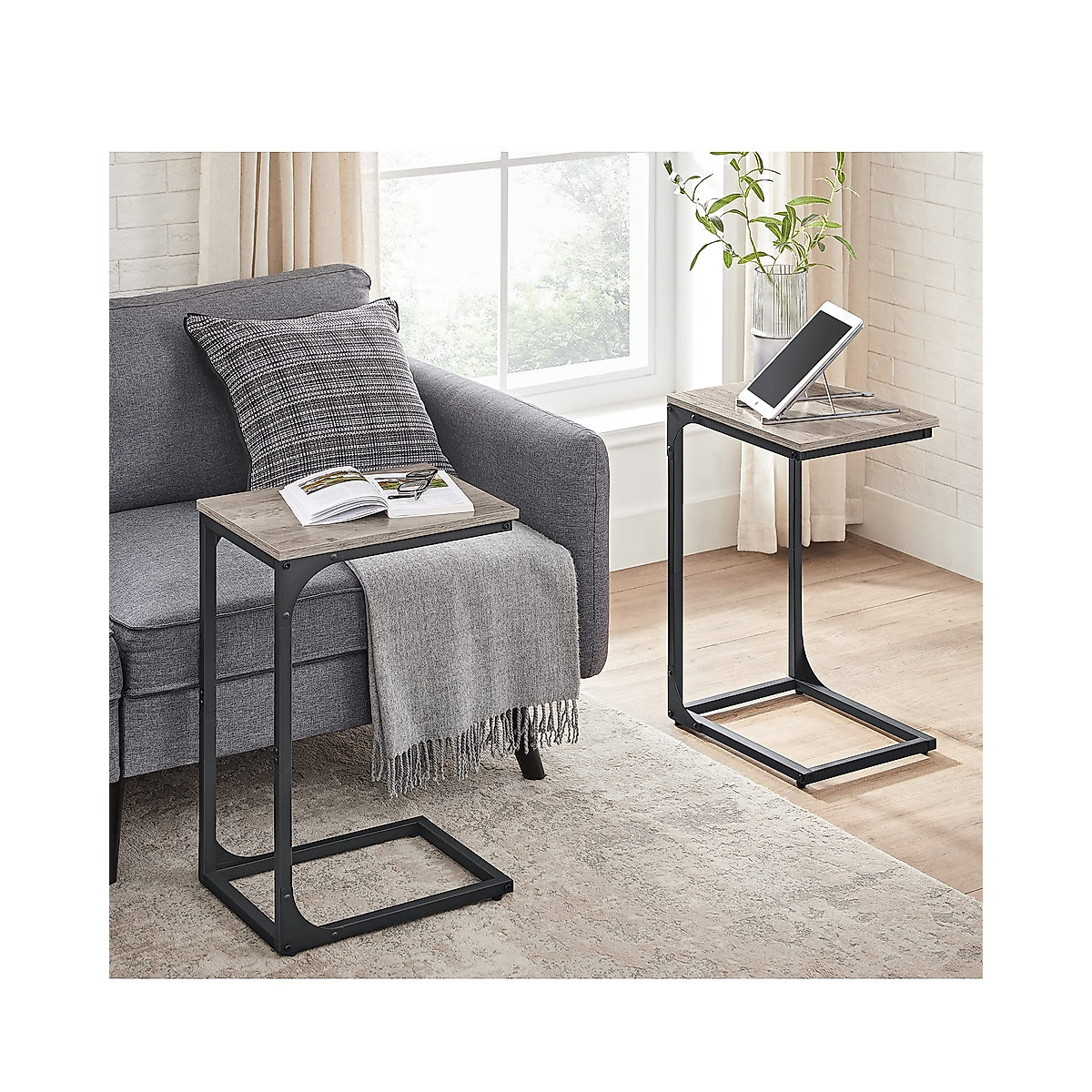 VASAGLE C-Shaped End Table, Small Side Table for Couch, Sofa Table with Metal Frame for Living Room, Bedroom, Bedside, Greige and Black
