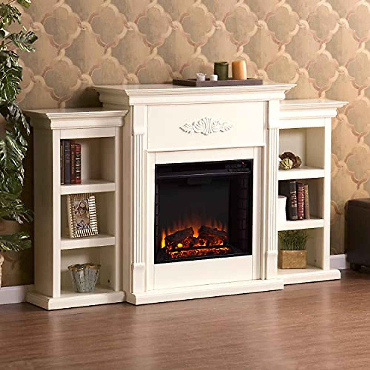 SEI Furniture Tennyson Electric Bookcases Fireplace, Ivory