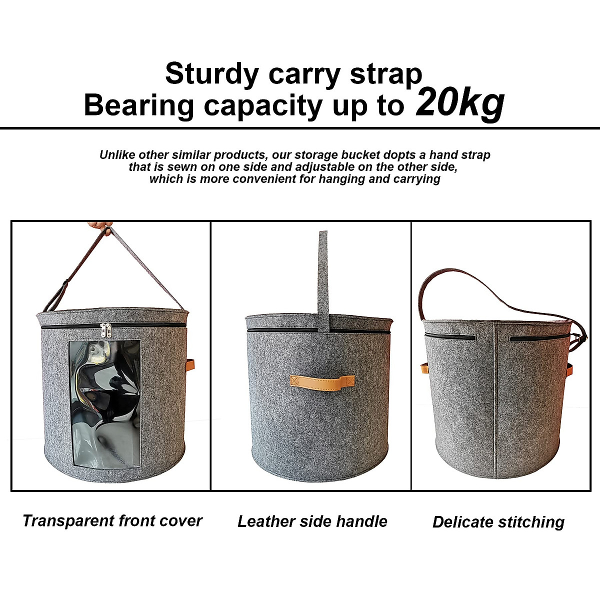 Aeeteek Hat Storage Box 19" D x 17" H Portable Felt Organizer Bucket Foldable Large Capacity Bag Round Travel Hat Container with Dust Proof Lid, Stuffed Animal Toys and Clothes Storage Bin (Grey)