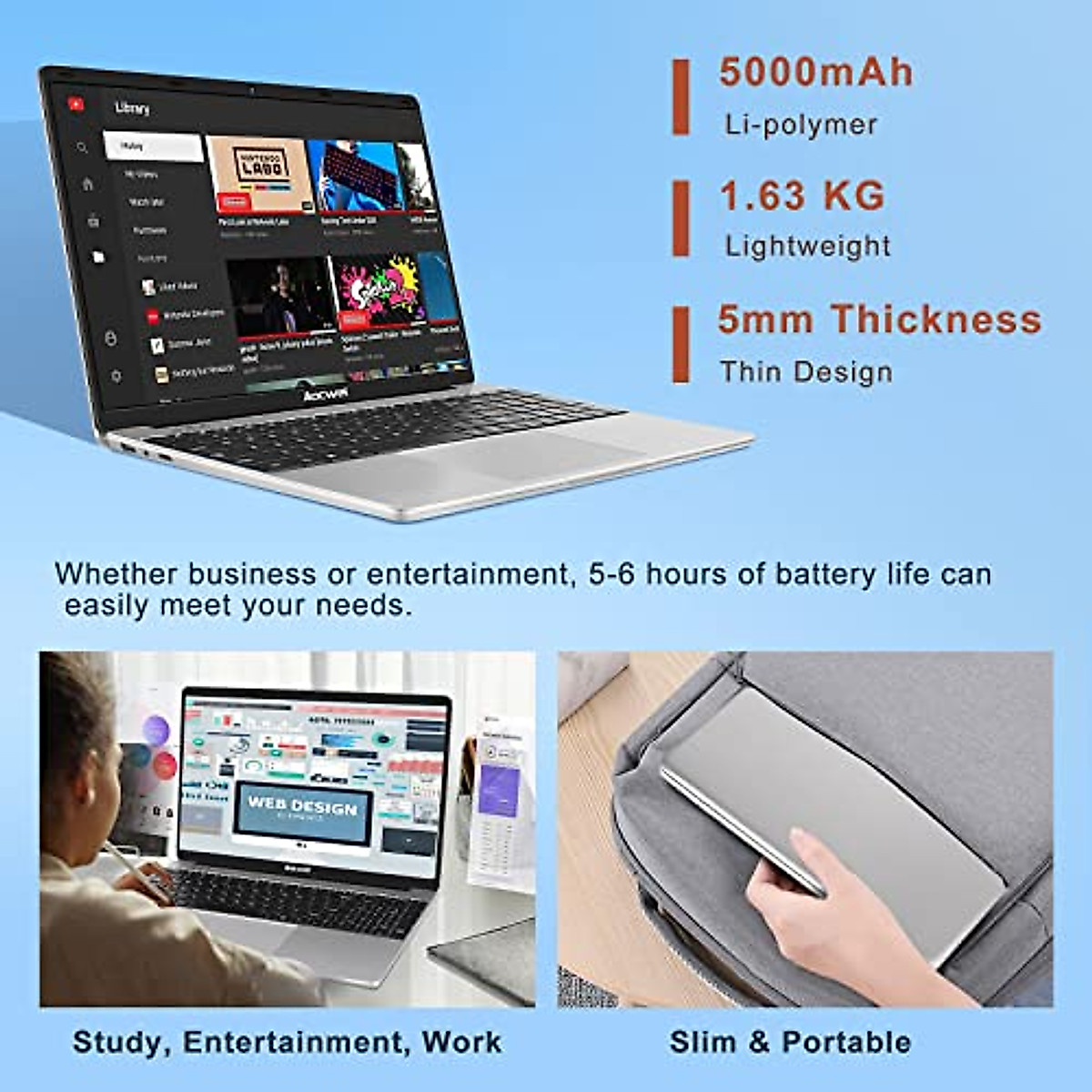 Ruzava/Aocwei 15.6" Laptop 6GB DDR4 128GB SSD Intel J4105 (Up to 2.5Ghz) 4-Core Win 10 PC 1920x1080 FHD Dual WiFi BT 4.2 Support 1TB SSD Expand with Wireless Mouse for Business-Silver