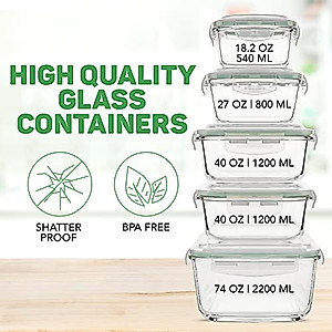 Glass Food Storage Containers 10 Pc, Airtight Glass Storage Containers with Lids, Glass Lunch Bento Boxes, Leak Proof BPA Free Large Glass Containers (5 lids, 5 Containers) Glass Containers with Lids
