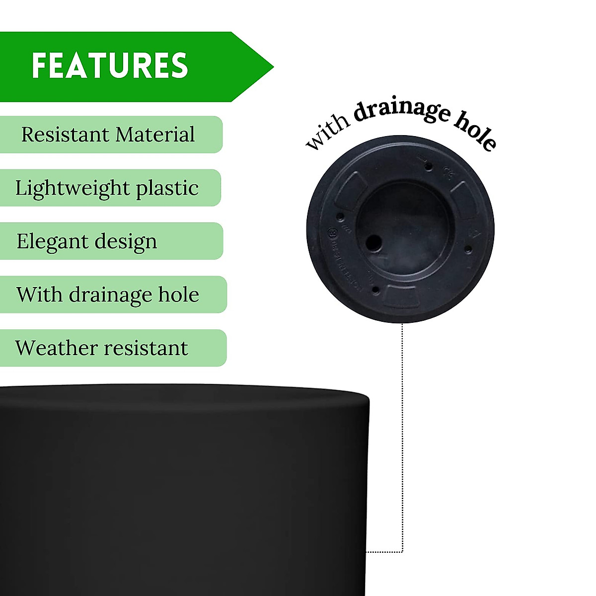 Elly Décor 12 inch Round Cylinder Plastic Planter with Drainage, Round Classic Smooth Texture, Lightweight & Extremely Durable 12" x 12" Cylinder Pot Black