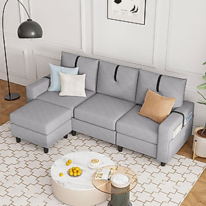 Tornama 80" L Shaped Sectional Sofas 3 Seater Couch with Reversible Ottoman Modern Linen Fabric Small Sectional Couch for Living Room, Apartment, Small Space, Light Grey