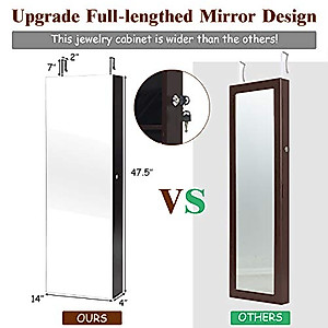 Giantex Wall Door Mounted Jewelry Armoire Cabinet with 47.5" H Full Length Mirror, 2 LEDs Lockable Jewelry Organizer Box with Bracelet Rod, 2 Drawers, Large Storage Capacity (Espresso)