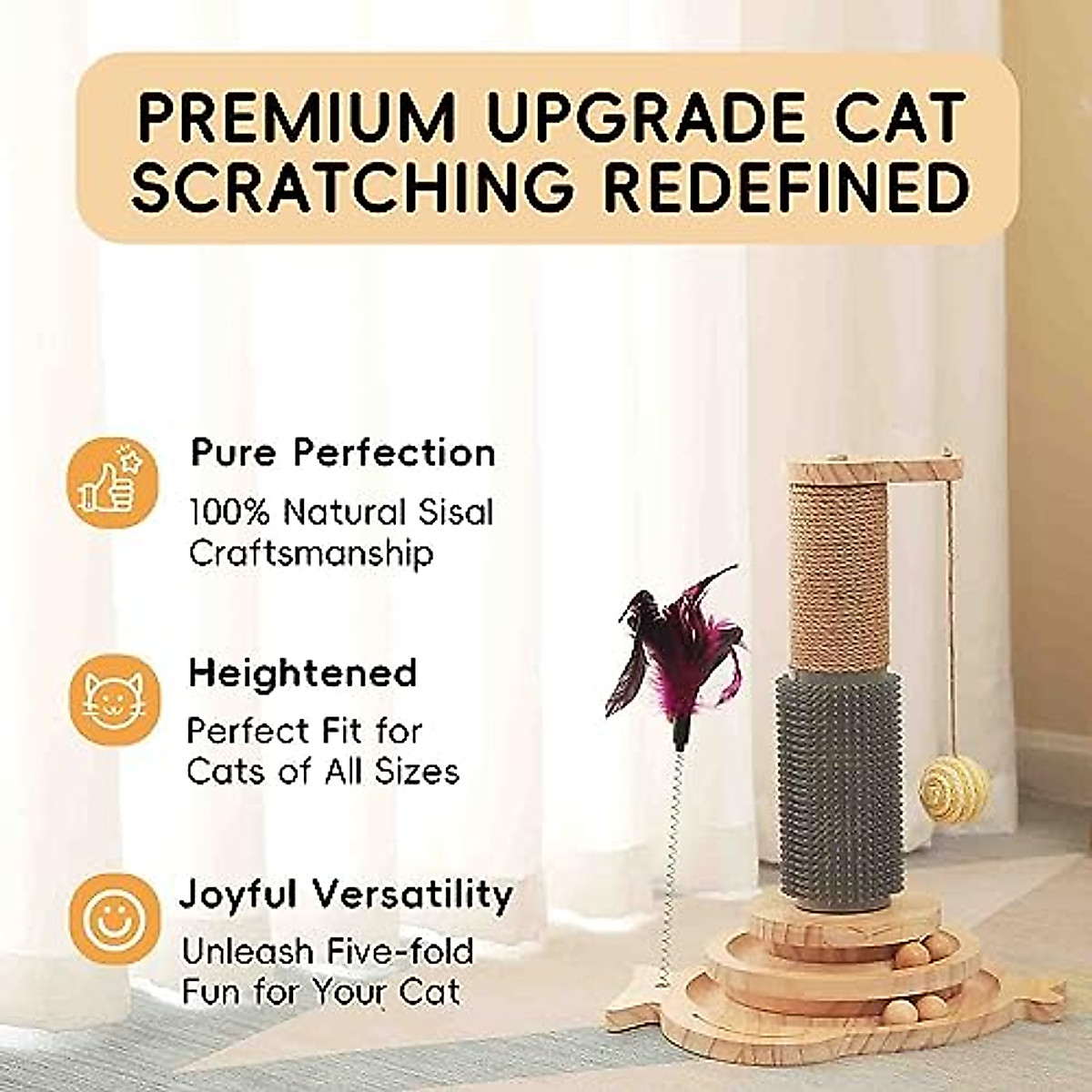 PetnFam 5in1 Sturdy Base Cat Scratching Post,Cat Scratcher Includes 6 Spare Teasing Sticks,Premium Sisal Tall Scratcher Interactive Track Toys,Massage Brush,Dangling Ball for Indoor Kittens and Cats