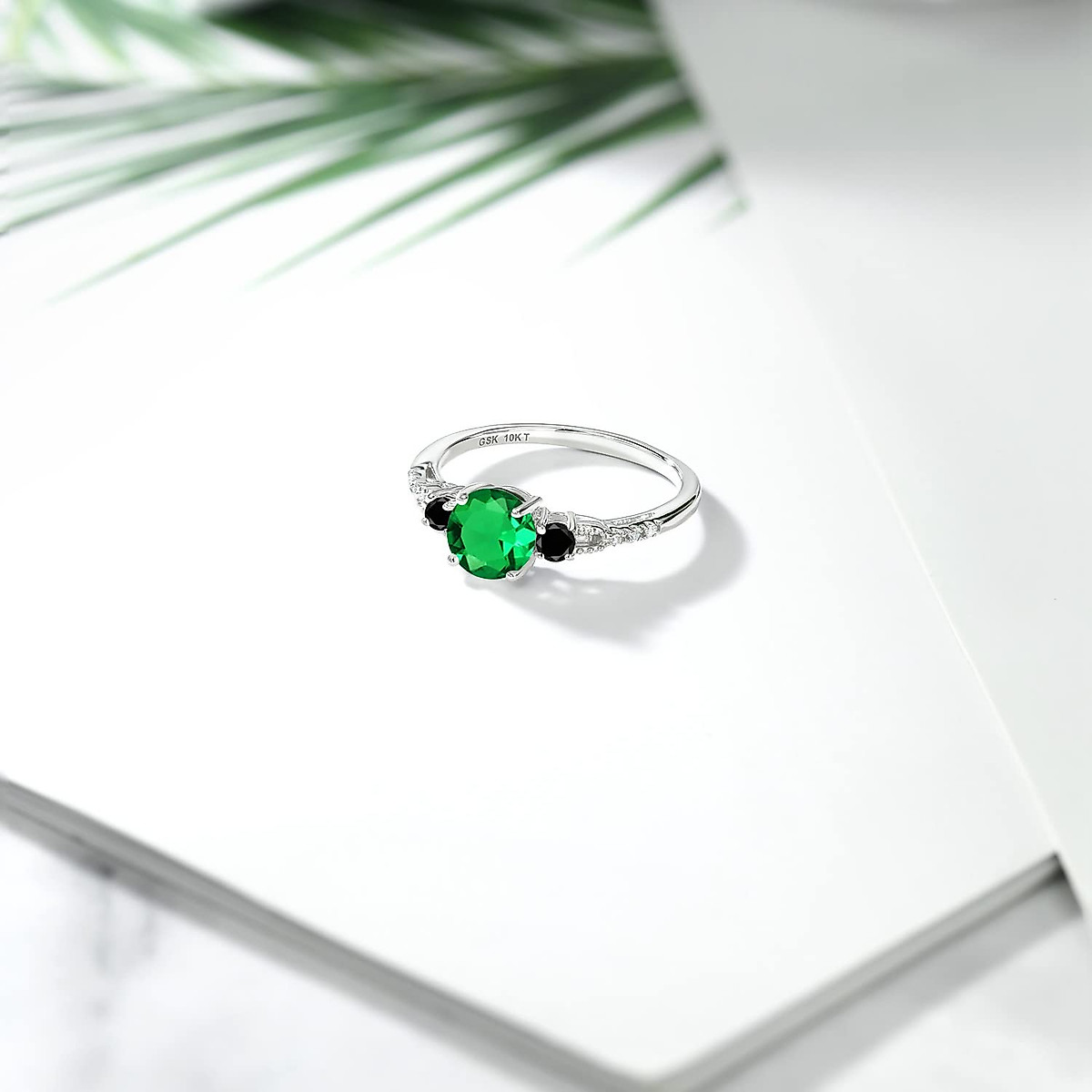 Gem Stone King 10K White Gold Green Nano Emerald Black Diamond and White Diamond Accent 3-Stone Engagement Ring For Women (0.95 Cttw, Round 6MM, Gemstone May Birthstone, Size 6)