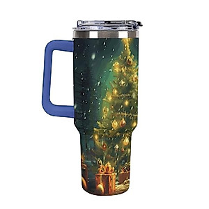 LLUTSNTH 40 Oz Vacuum Tumbler with Deep Blue Handle Leakproof Insulated Tumbler Christmas Trees Stainless Steel Travel Mug with Lid And Straw Coffee Cup Cute Water Bottles Cup Holder Friendly