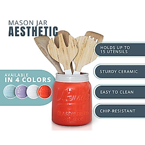 Comfify Wide Mouth Mason Jar Utensil Holder Decorative Kitchenware Organizer Crock, Chip Resistant Ceramic, Dishwasher Safe - Kitchen Caddy, Large Size 7" High - Coral