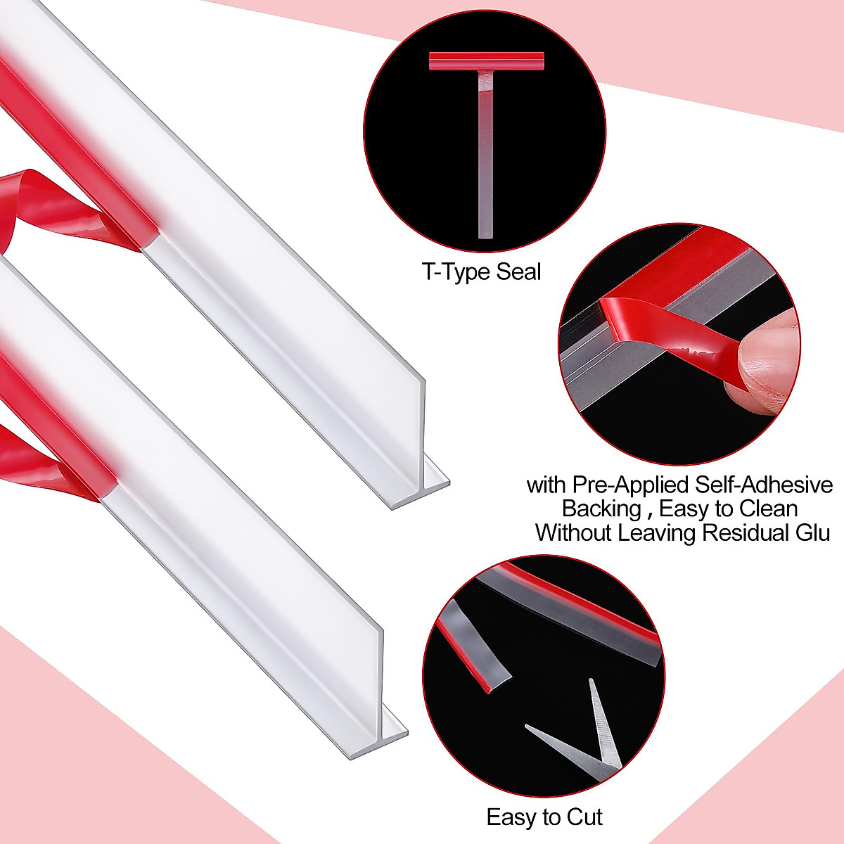 Newtay 2 PC Clear Vinyl T-Type Seal Strip with Pre-Applied Self Adhesive Backing Bathroom Threshold Water Strip Dam Shower Guard Shower Door Seal Strip for 1/2" Gap - 73" Long Frameless Shower Door