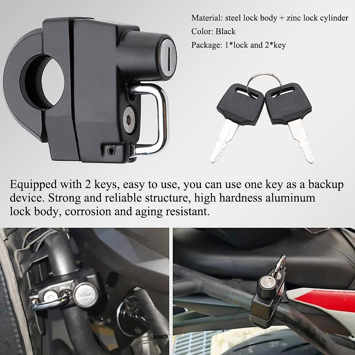 Motorcycle Helmet Lock Fits 7/8" (22mm) Handlebar Anti-Theft Helmet Security Lock with 2 Keys Fit for Motorbike Scooter Street Bike