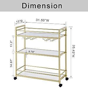 GOLASON Gold Bar Cart with 3 Shelves, Wine Glass Bottle Storage Bar Serving Cart with Wheels for Kitchen Living Room (31.5”W, White)