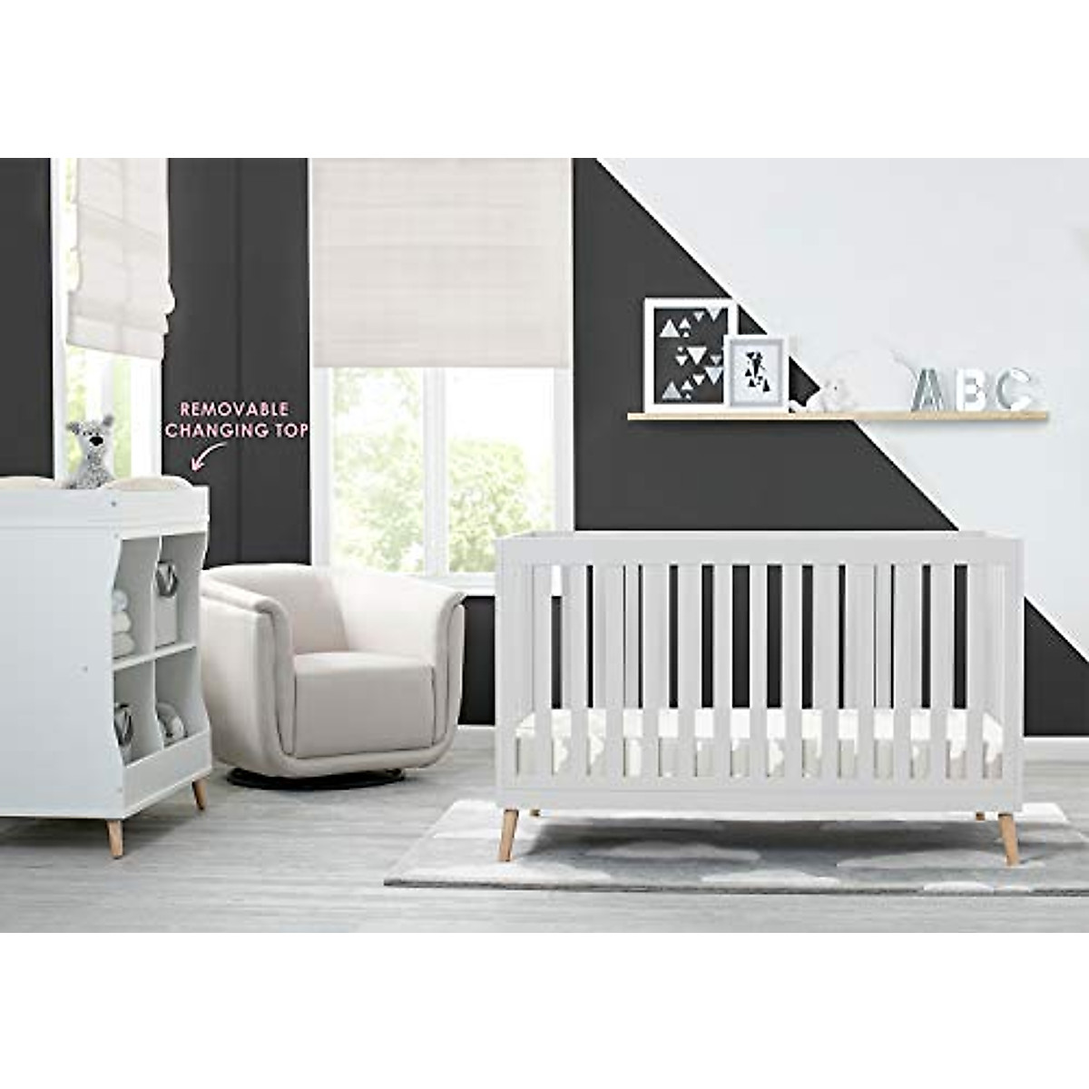 Delta Children Essex 4-in-1 Convertible Baby Crib, Bianca White with Natural Legs + Delta Children Twinkle Galaxy Dual Sided Recycled Fiber Core Crib and Toddler Mattress (Bundle)