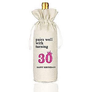30th Birthday Wine Bag, Presents for 30st Birthday girl, 30 Years Old Gift Idea Wine Bag for Her Girl Friend, Sister, Birthday Party Decorations - Cotton linen drawstring wine bags