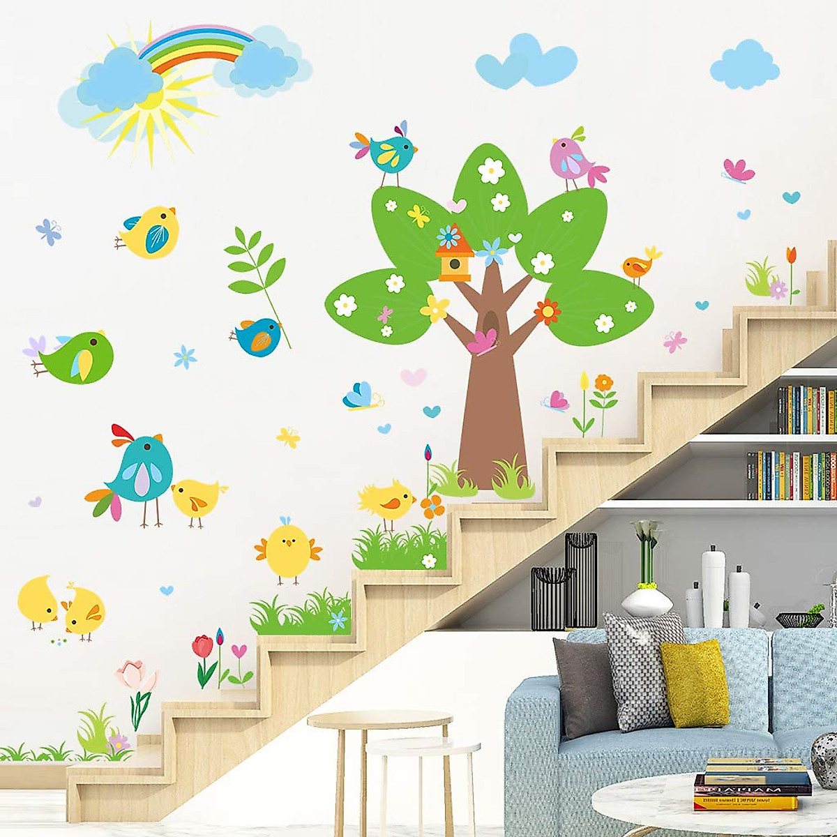 RW-1066 Cute Birds Animals Wall Decals Big Tree Wall Stickers Flowers Birds Animals Decals DIY Removable Birds Butterfly Wall Art Decor for Kids Baby Bedroom Living Room Nursery Classroom Decoration