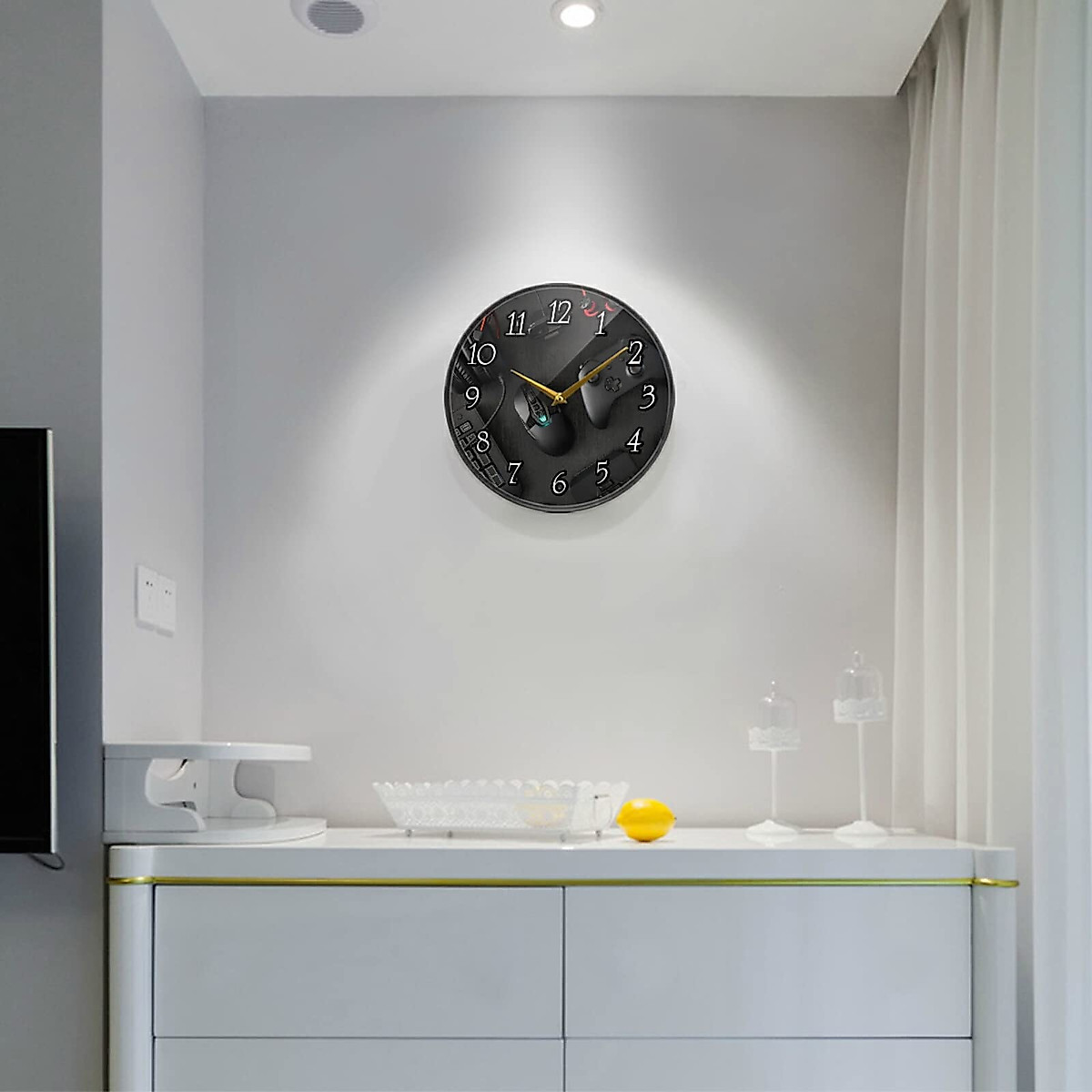 Gamer Work Space Concept Scrapbook Mouse, Keyboard, Joystick, Headset Wall Clock, Silent Non-Ticking Easy to Read Round Decorative Acrylic Wall Clock Art, for Living Room Home Office School 9.5 Inch