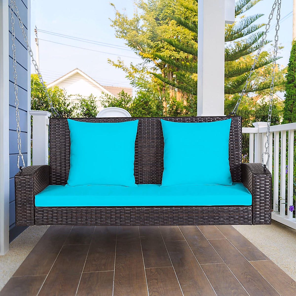 Tangkula 2-Person Wicker Hanging Porch Swing, Patiojoy Outdoor Rattan Swing Bench W/ 2 Back Cushions & 1 Seat Cushion, Sturdy Steel Chain, 800lbs Weight Capacity, Suitable for Deck, Backyard, Garden