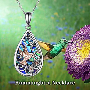 POPLYKE Sterling Silver Hummingbird Necklace Teardrop Necklace Abalone Jewelry Hummingbird Gifts for Women Birthday