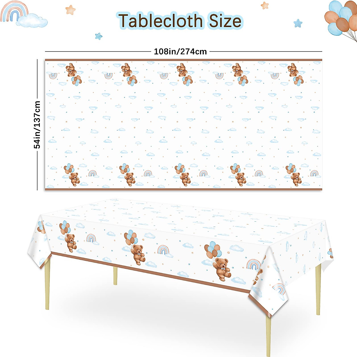 3 Pieces Teddy Bear Baby Shower Tablecloths Plastic Table Cover, Boho Brown Blue Baby Shower Birthday Party Decorations Supplies for Boys Kids Large Size 108×54 Inch Rectangular Cute Bear Table Cloth