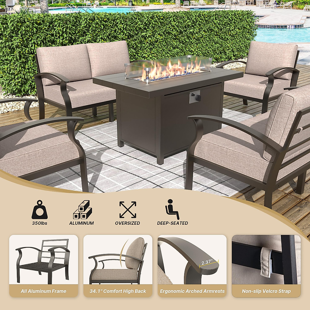 Piltwoff Aluminum Patio Furniture Set with Swivel Chairs,4-Seat Modern Outdoor Sectional Sofa w/45in 55000BTU Fire Pit Table and 5.1 Inch Cushion,Patio Conversation Sets w/Coffee Table,Sand