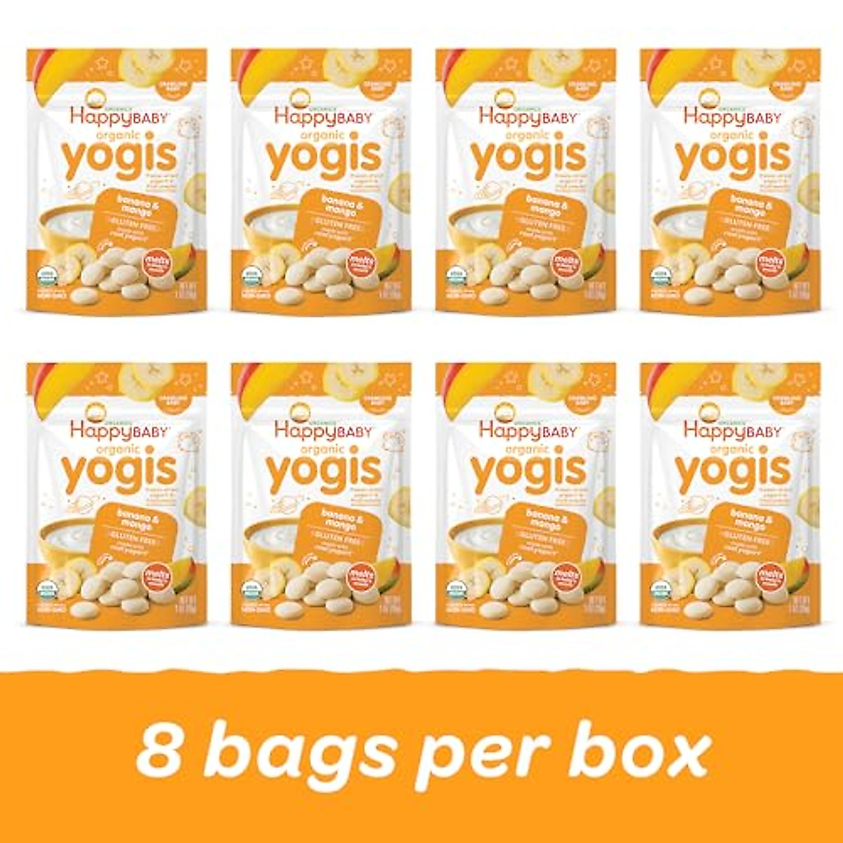 Happy Baby Organics Baby Snacks, Yogis, Freeze Dried Yogurt & Fruit Snacks, Gluten Free Snack for Babies 9+ Months, Banana & Mango, 1 Ounce (Pack of 8)