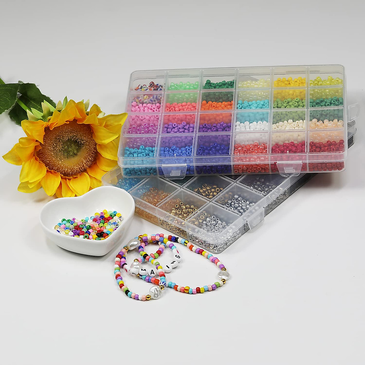 Tibaoffy Size 6/0 Crafts Glass Seed Beads 4mm Tiny Pony Beads Assorted Kit with Organizer Box for Jewelry Making (48 Assorted Multicolor Set, Total About 7200pcs)