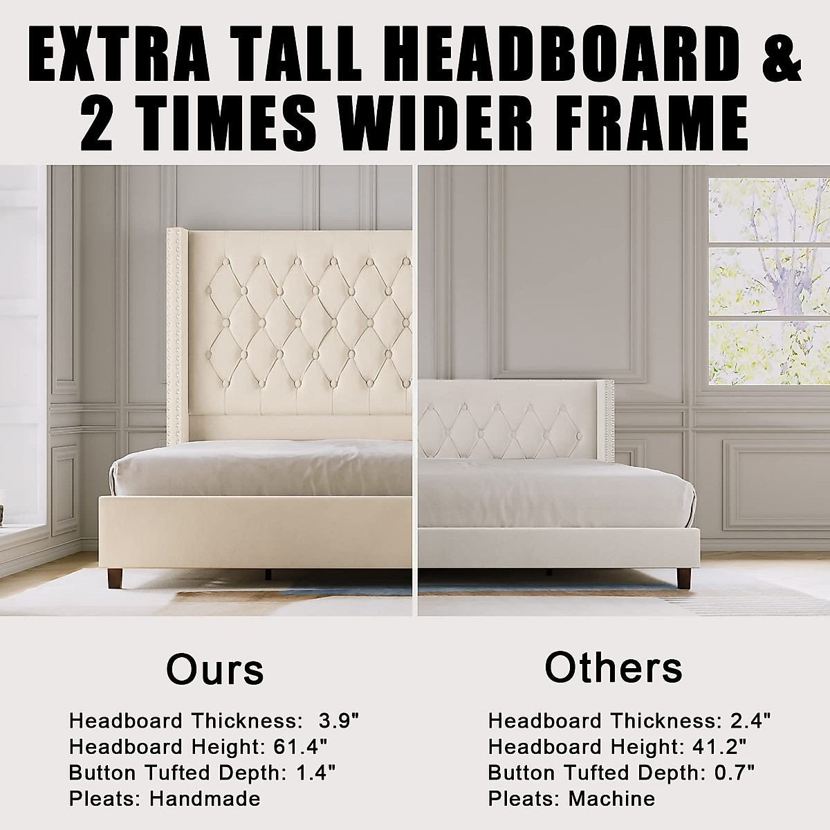 PaPaJet Queen Bed Frame 61.4" Tall Headboard Upholstered Velvet Platform Bed with Handmade Deep Button Tufted/No Box Spring Required/Cream