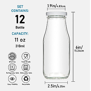 YEBODA 11oz Glass Milk Bottles with Reusable Metal Twist Lids and Straws for Beverage Glassware and Drinkware Parties, Weddings, BBQ, Picnics, Set of 12