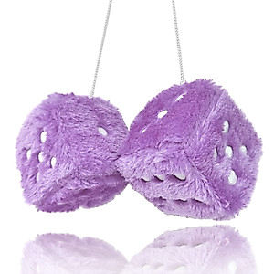 Pair 3” Purple with White Dots Mirror Fuzzy Plush Dice, Purple and White Soft Plush Car Decorative Hanging Ornament.