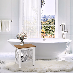 LUE BONA HDPS Shower Bench for Inside Shower to Sit on, Bathroom Shower Stool Seat for Shaving Legs with Storage Shelf, X-Shape Shower Chair, Teak