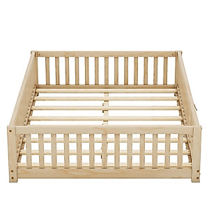 CITYLIGHT Full Size Floor Bed with Rails, Wood Montessori Floor Bed Full with Support Slats, Kids Full Bed Frame with Door Design for Boys,Girls, Natural