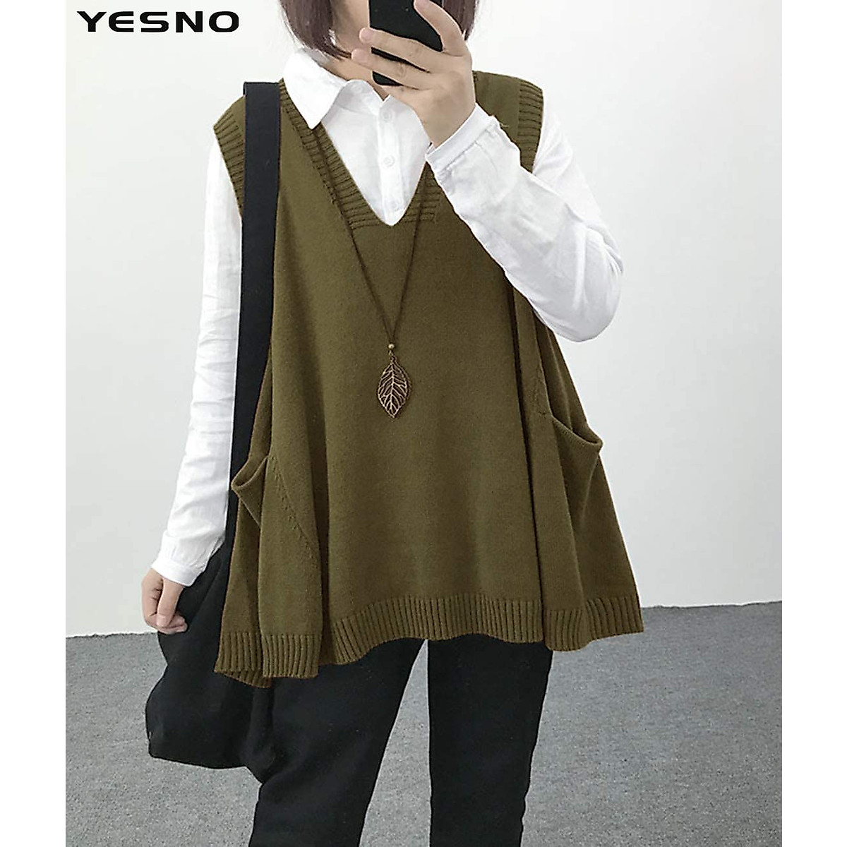 YESNO Sweater Vest Women Loose Swing Cotton Cute Oversized Knit Pullover Sleeveless Sweater Tops with Drop Pockets 3XL WM9 Olive