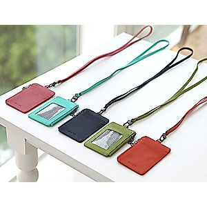 ID Credit Credit Card Holder Wallet Necklace Landyard Zipper Badge Case Genuine Leather Cute Women (Green)