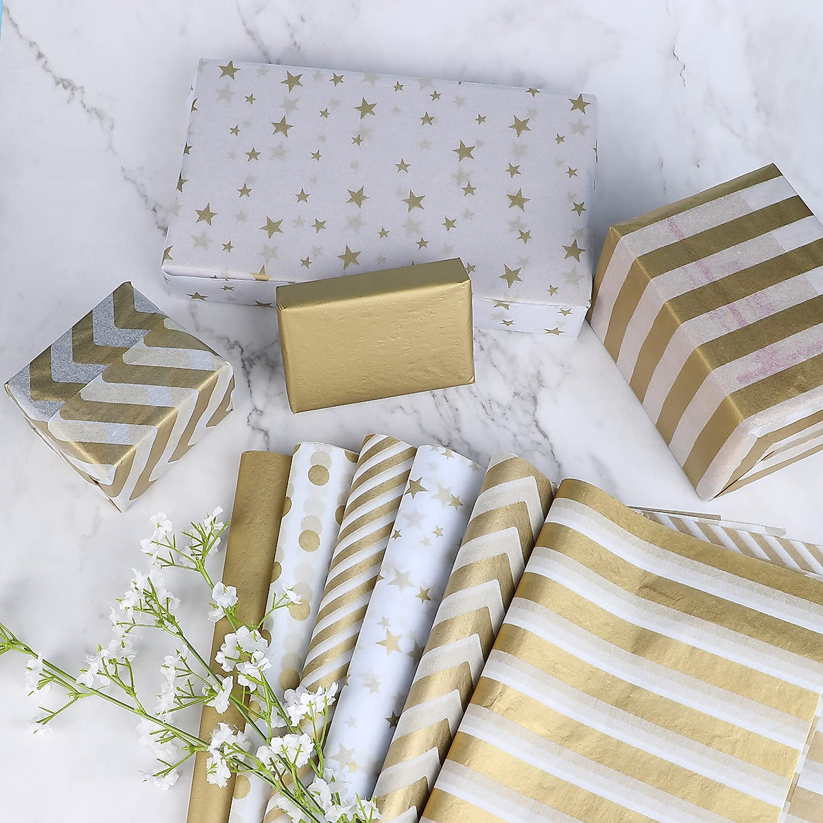 SAVITA 60 Sheets 30x45cm/11x17 inch Gold White Metallic Tissue Paper, Metallic Gift Wrapping Tissue Paper for Christmas Weddings Birthday Party Showers DIY Arts Crafts (6 Styles)