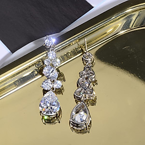 Bridal Earrings for Wedding Silver - 14k Plated Sterling Silver Teardrop CZ Cubic Zirconia Crystal Rhinestone Floarl Leaf Cluster Long Fashion Statement Costume Earrings for Wedding Party Prom