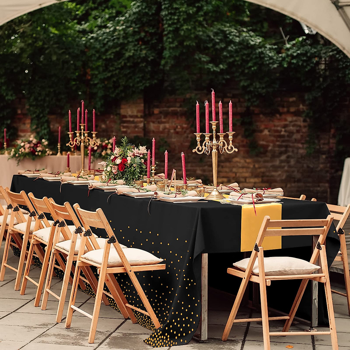 8Pack Disposable Plastic Tablecloths and Satin Table Runner Set Black Gold Dot Table Cloth Gold Satin Table Runner for Graduation Wedding Birthday Baby Shower Anniversary Holiday Party Decorations