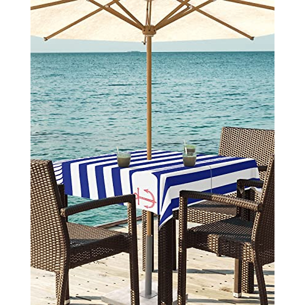 EZON-CH Outdoor Tablecloth with Umbrella Hole and Zipper 54"x54", Anchor Rope and Steering Wheel Blue Square Waterproof Table Cloth Table Covers for Dining, Garden, Courtyard, Patio, Camping, Picnic