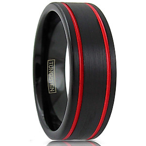 Engraved Personalized 8mm Flat Brushed Satin Finish Black Tungsten Carbide Band Ring w/Two Fire Engine Red Enamel Racing Stripes. (9.5)