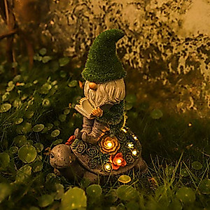 Garden Statue Gnome Cute - Large Outdoor Gnome Statue Sculptures with Solar Lights, Resin Gnome Figurine Sitting on Turtle with Umbrella for Home Patio Yard Lawn Porch Decorations