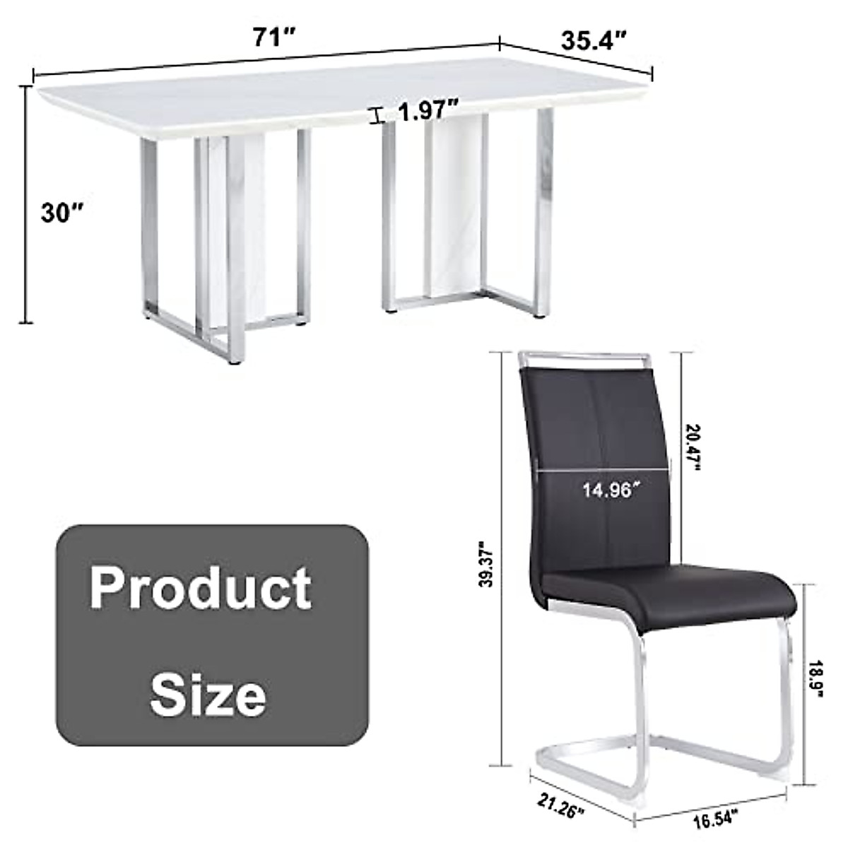 Dining Room Table Set for 6,Modern 71 Inch Rectangular Dining Table For 6-8 Persons,With 6 Black Faux Leather Upholstered High-Back Dining Chairs For Dining Room / Kitchen (Table + 6 Black Chair)