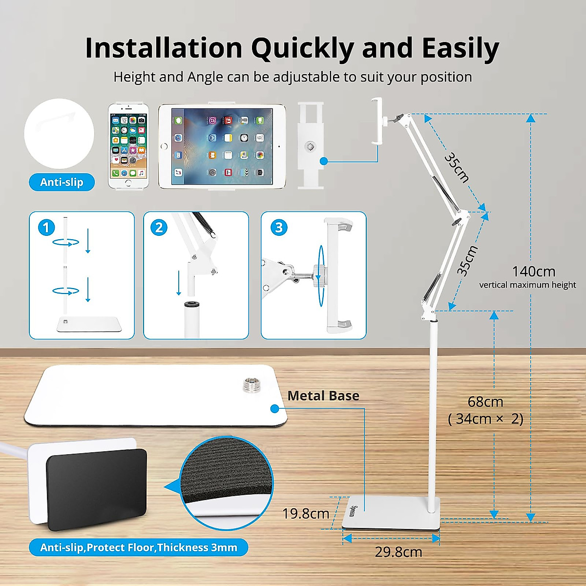 Spessn Adjustable Tablet Floor Stand Universal 360-degree Rotatable Metal Tablet Holder Phone Stand Compatible iPad/iPhoneX/iPad Pro 4.5~12.9 Inch-Screen, Phone, Kindle (White)