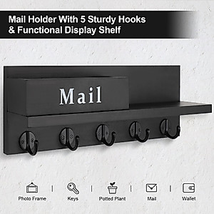 Lucundm Key & Mail Holder for Wall, Decorative Key Holder with Letter Holder for Mails, Magazines, 5 Sturdy Hooks for Dog Leash, Coat, Mail Organizer Shelf (15.7”W x 5.3”H x 3.5”D)